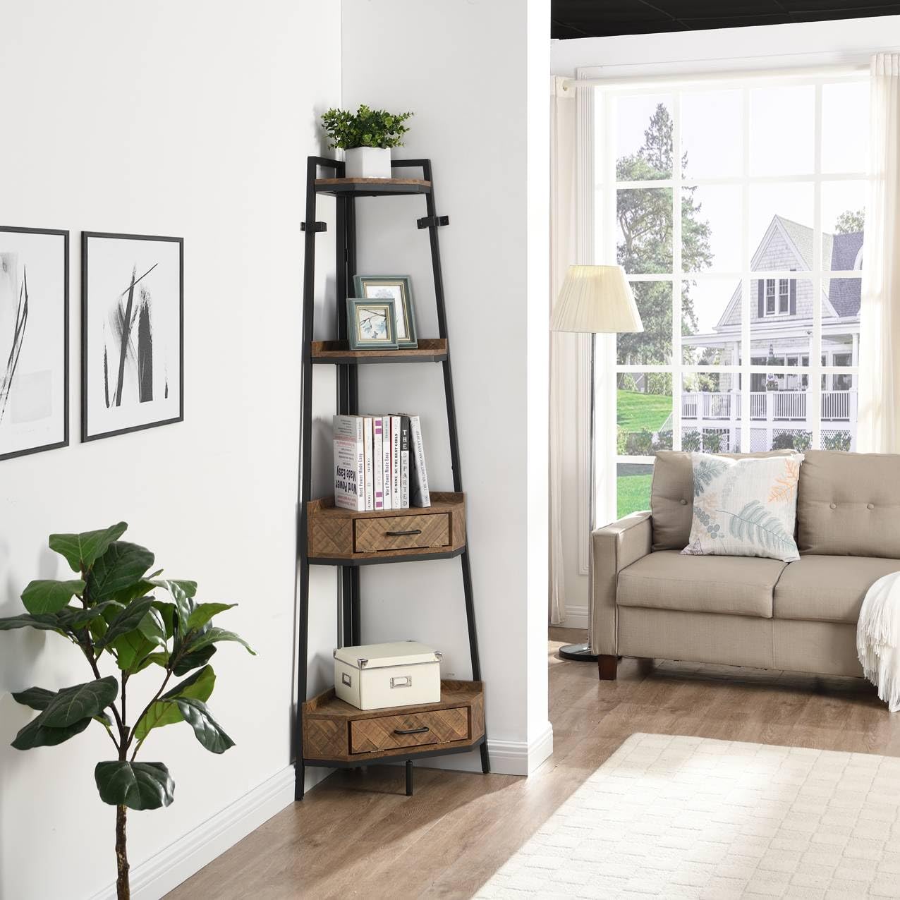 ELzEy Corner Shelf with Two Drawers Tall 4-Tier Industrial Bookcase Black