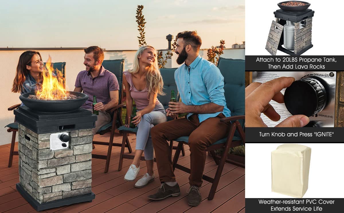 S AFSTAR Propane Firebowl Column, 40,000 BTU Outdoor Gas Fire Pit Realistic Look Firepit Heater w/Adjustable Feet, Free Lava Rocks & Rain-Cover, Propane Fire Pit Table for Outside (Natural Stone)