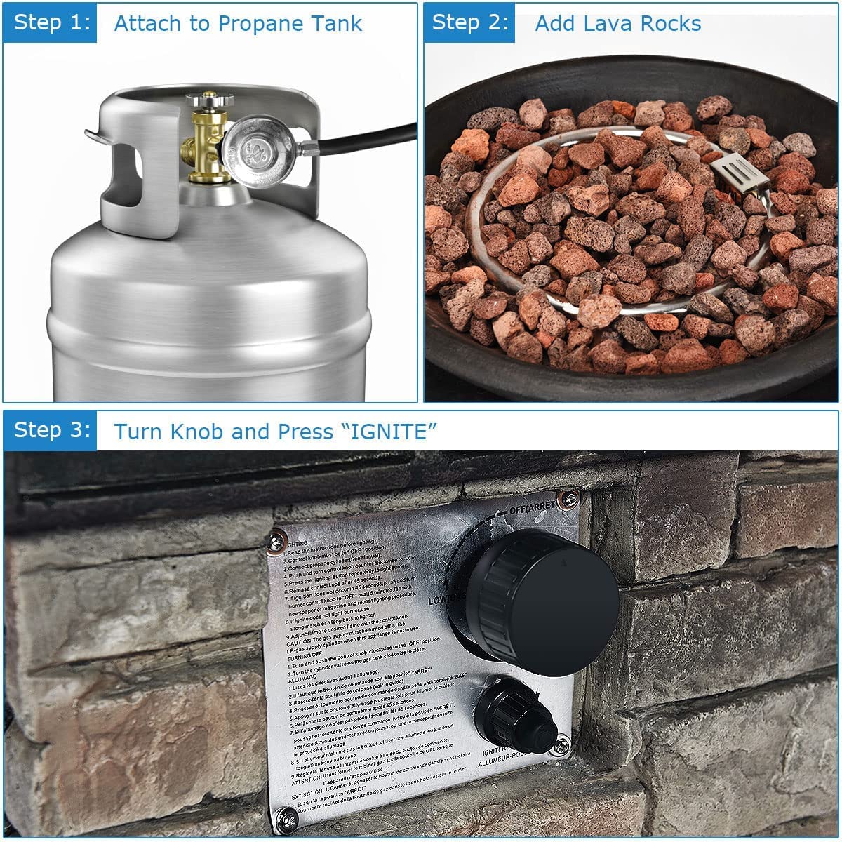 S AFSTAR Propane Firebowl Column, 40,000 BTU Outdoor Gas Fire Pit Realistic Look Firepit Heater w/Adjustable Feet, Free Lava Rocks & Rain-Cover, Propane Fire Pit Table for Outside (Natural Stone)
