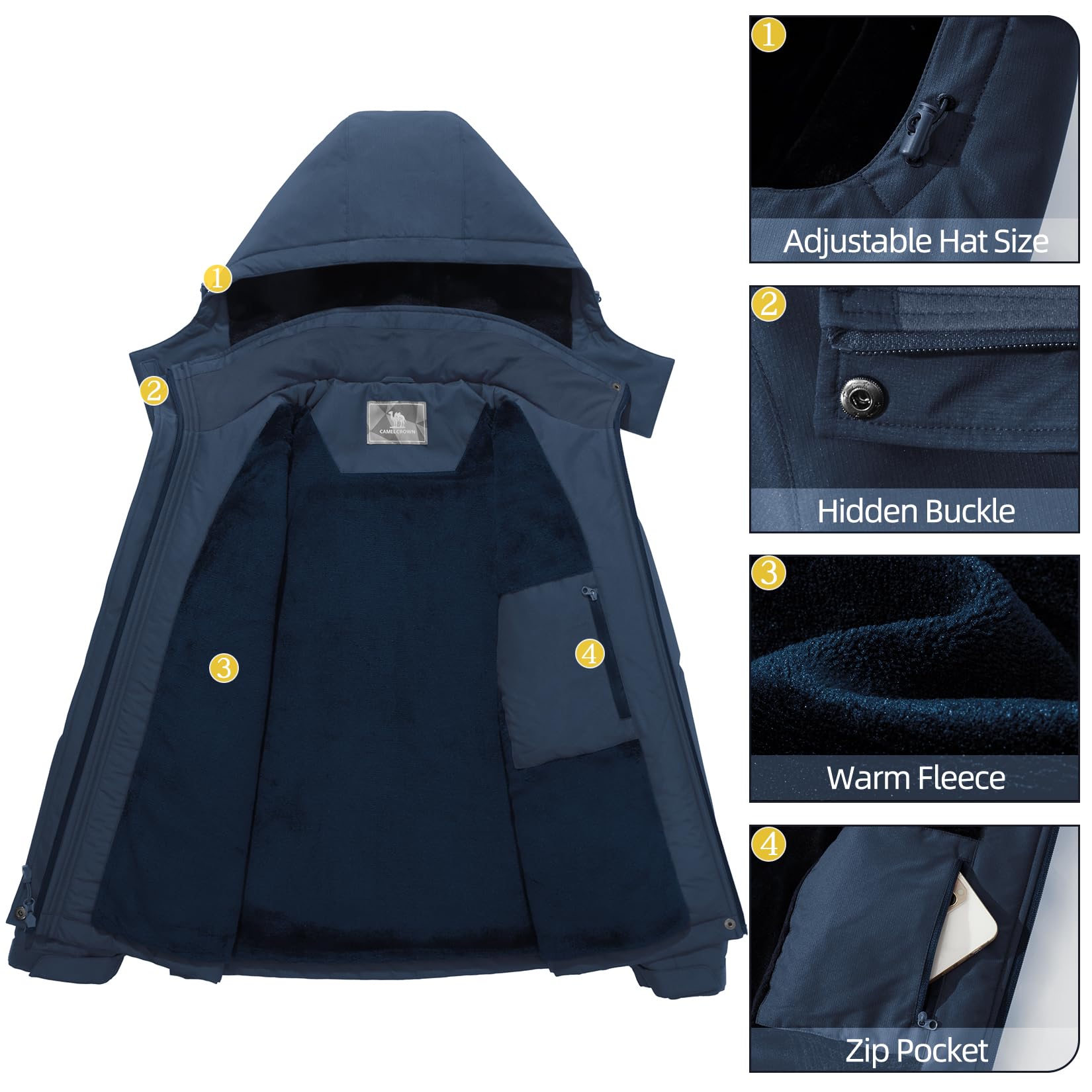 CAMEL CROWN Women's Ski Jacket Thicken Winter Snow Coat Warm Fleece Mountain Waterproof Female Jacket Hooded Windbreaker Blue 3XL