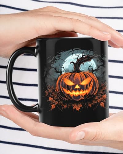 ATMTEE Halloween Night With Haunted Tree and Pumpkins Black Mug 11oz, Funny Gifts for Mens, Womens, Kids (11oz, Black)