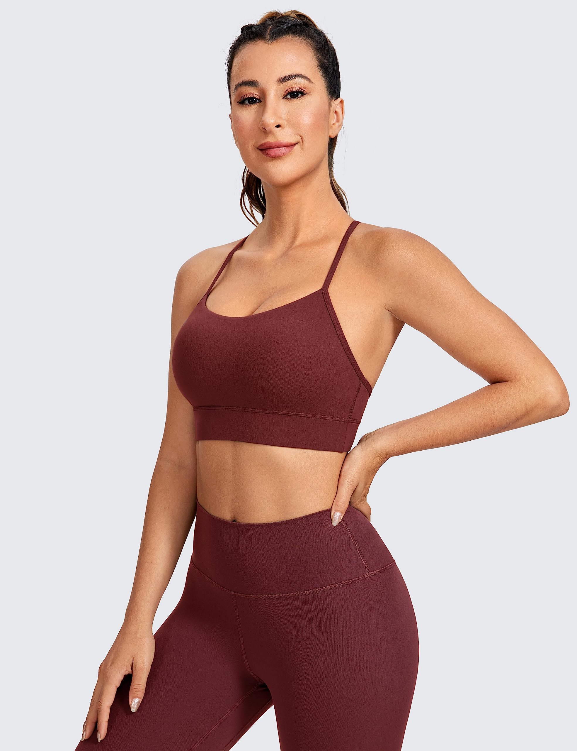 CRZ YOGA Butterluxe Womens Y-Back Racerback Sports Bra - Spaghetti Straps Wireless Scoop Neck Athletic Padded Yoga Tops Noctilucence Red Medium