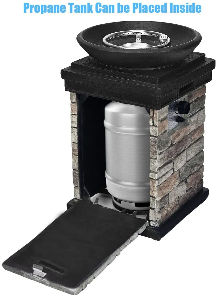 S AFSTAR Propane Firebowl Column, 40,000 BTU Outdoor Gas Fire Pit Realistic Look Firepit Heater w/Adjustable Feet, Free Lava Rocks & Rain-Cover, Propane Fire Pit Table for Outside (Natural Stone)