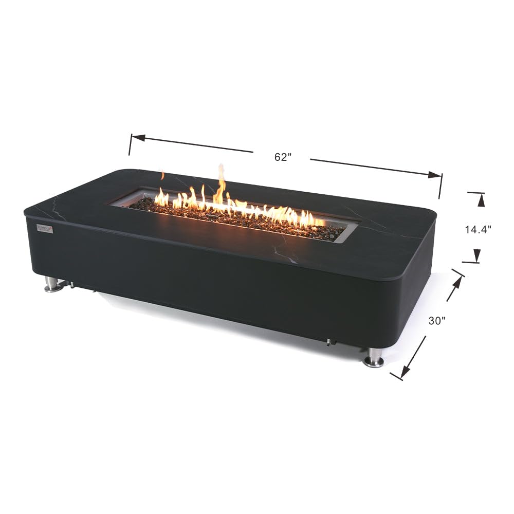 Valencia Concrete Fire Pit 62" x 30" Outdoor Patio Firepit Includes Fire Glass Modern Fire Pits & Outdoor Fireplaces for Garden, Deck, Indoor & Outdoor Heating