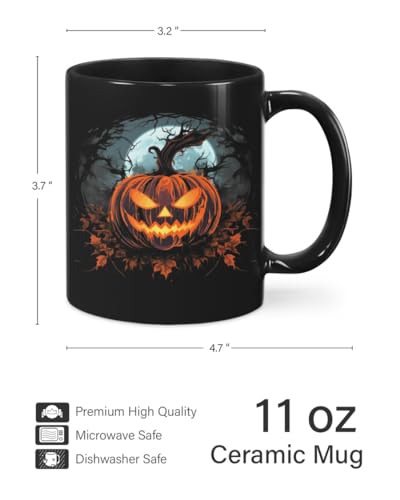 ATMTEE Halloween Night With Haunted Tree and Pumpkins Black Mug 11oz, Funny Gifts for Mens, Womens, Kids (11oz, Black)