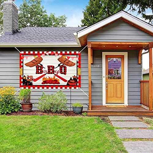 SHANSHUIART BBQ Theme Party Backdrop banner Wooden Board White and Red Lattice Background Barbecue Baby Shower Party Decorations Supplies