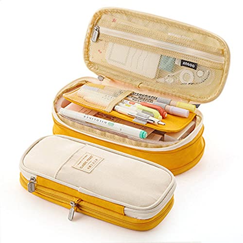 JIAXIAO Canvas Pencil Box,School Travel Bags Pen Bag Fold Pencil Bag for Student Classic Pocket Cosmetic Bag Pencil Case Pens Holder(Bright Yellow)