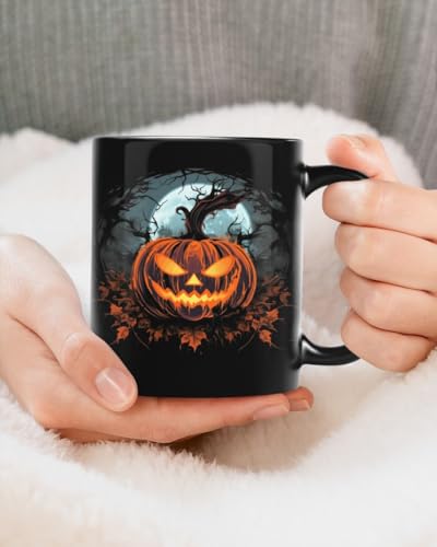 ATMTEE Halloween Night With Haunted Tree and Pumpkins Black Mug 11oz, Funny Gifts for Mens, Womens, Kids (11oz, Black)