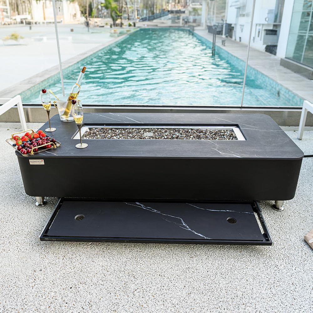 Valencia Concrete Fire Pit 62" x 30" Outdoor Patio Firepit Includes Fire Glass Modern Fire Pits & Outdoor Fireplaces for Garden, Deck, Indoor & Outdoor Heating