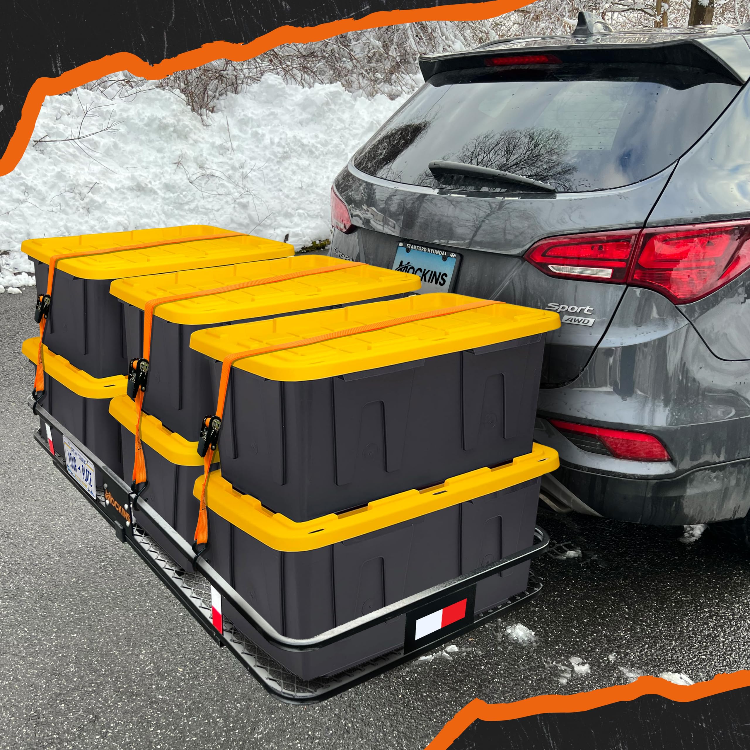 Mockins 70"x30"x6" XXL Folding Trailer Hitch Cargo Carrier |500Lbs. Capacity All-Weather Luggage Rack for SUV & Car| Cargo Racks for Trailer Hitch w/Stabilizer & Straps| Cargo Basket Fits 2" Receiver