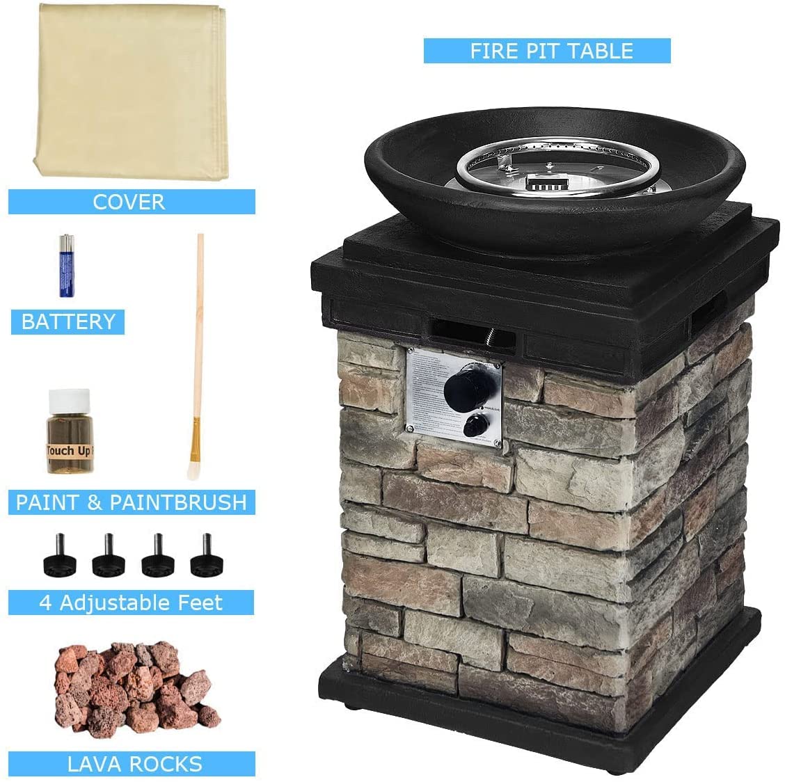 S AFSTAR Propane Firebowl Column, 40,000 BTU Outdoor Gas Fire Pit Realistic Look Firepit Heater w/Adjustable Feet, Free Lava Rocks & Rain-Cover, Propane Fire Pit Table for Outside (Natural Stone)