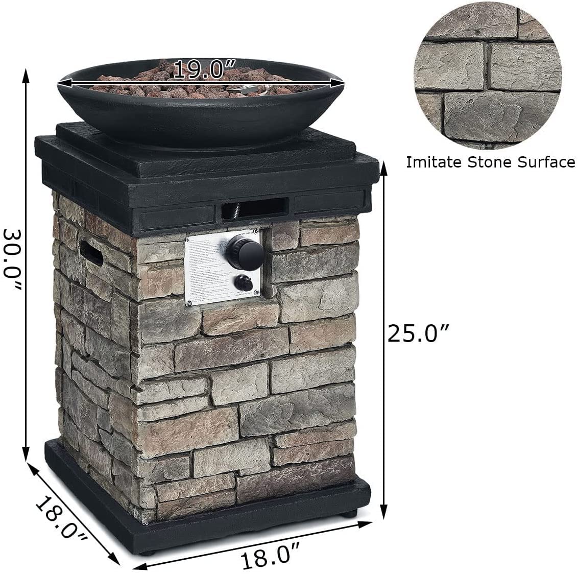 S AFSTAR Propane Firebowl Column, 40,000 BTU Outdoor Gas Fire Pit Realistic Look Firepit Heater w/Adjustable Feet, Free Lava Rocks & Rain-Cover, Propane Fire Pit Table for Outside (Natural Stone)