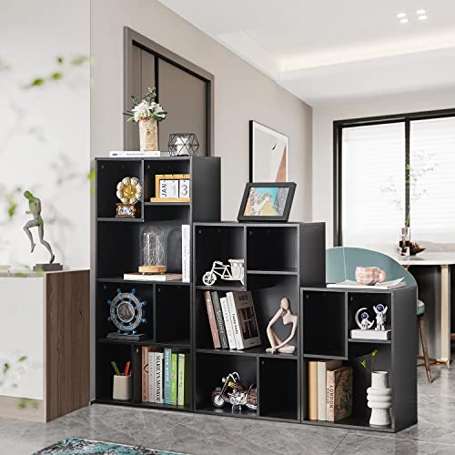 VECELO Wide 8-Cube Wood Organizer Bookcase Sets, Fits Tallest Hardcovers, 3-Tier Customized Storage Display Shelf, Free Standing for Living Room, Bedroom, Kids Room, Office, Black