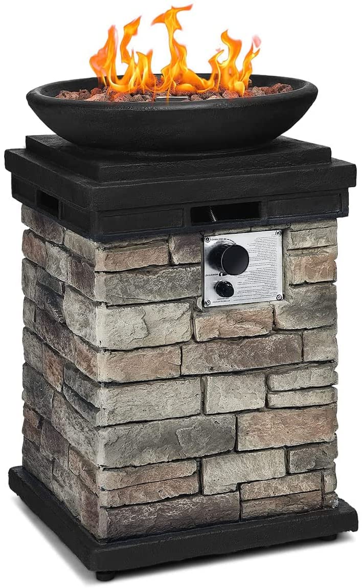 S AFSTAR Propane Firebowl Column, 40,000 BTU Outdoor Gas Fire Pit Realistic Look Firepit Heater w/Adjustable Feet, Free Lava Rocks & Rain-Cover, Propane Fire Pit Table for Outside (Natural Stone)
