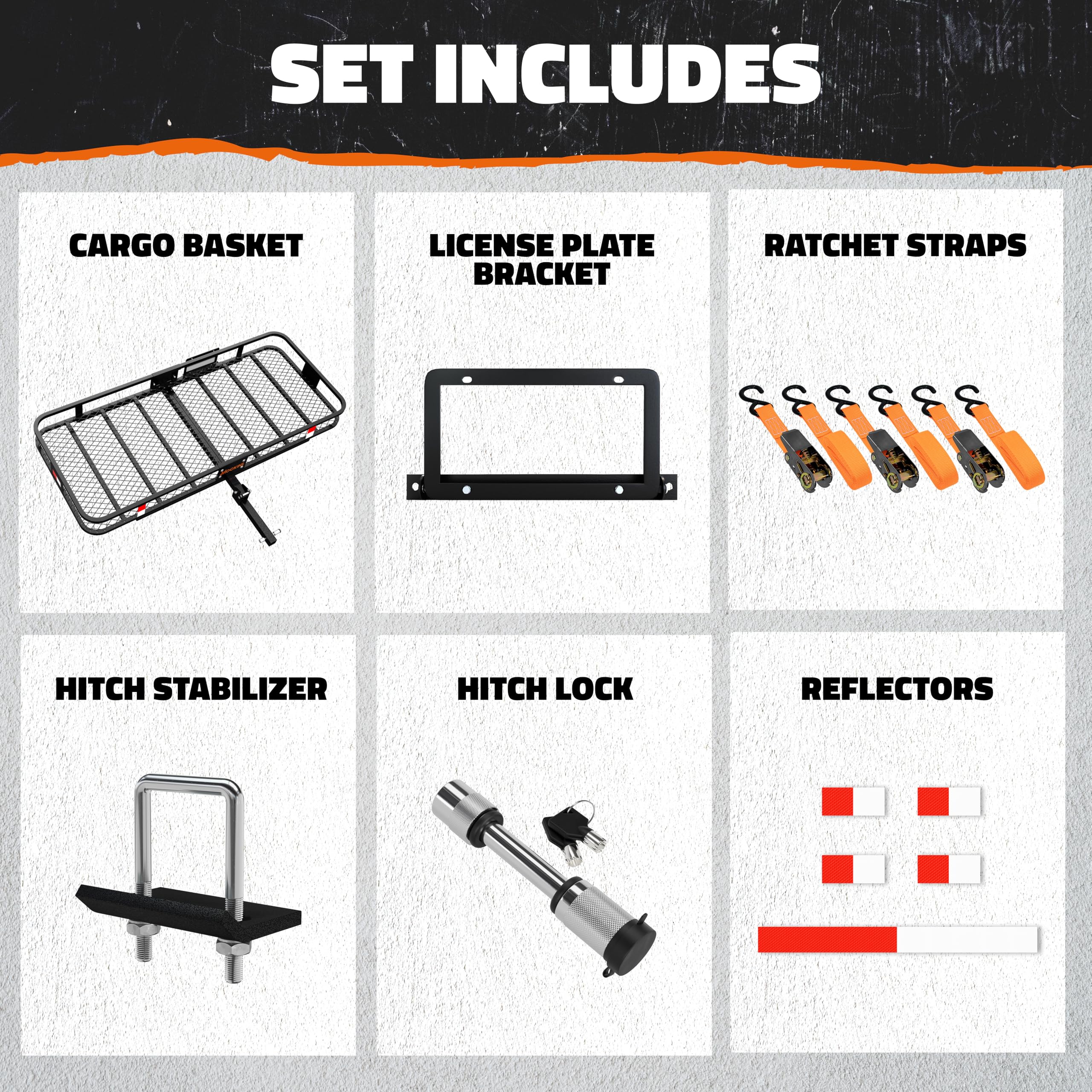 Mockins 70"x30"x6" XXL Folding Trailer Hitch Cargo Carrier |500Lbs. Capacity All-Weather Luggage Rack for SUV & Car| Cargo Racks for Trailer Hitch w/Stabilizer & Straps| Cargo Basket Fits 2" Receiver