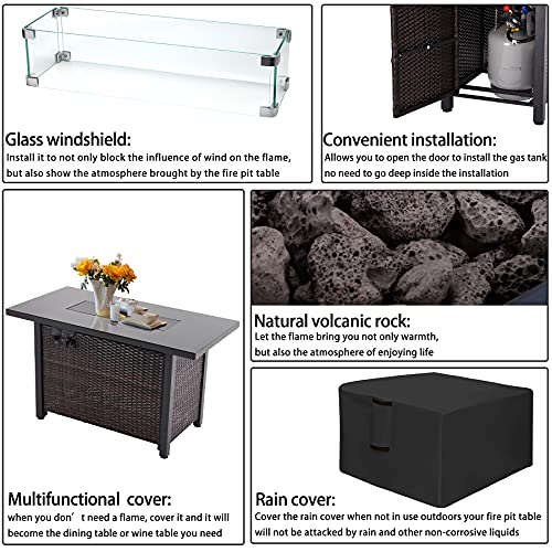 43 in Propane Gas Fire Pit Table, 50,000 BTU Auto-Ignition PE Wicker Gas Fire Pit Table with Glass Wind Guard, Waterproof Cover, CAS Certified for Courtyard Terrace Gardens.