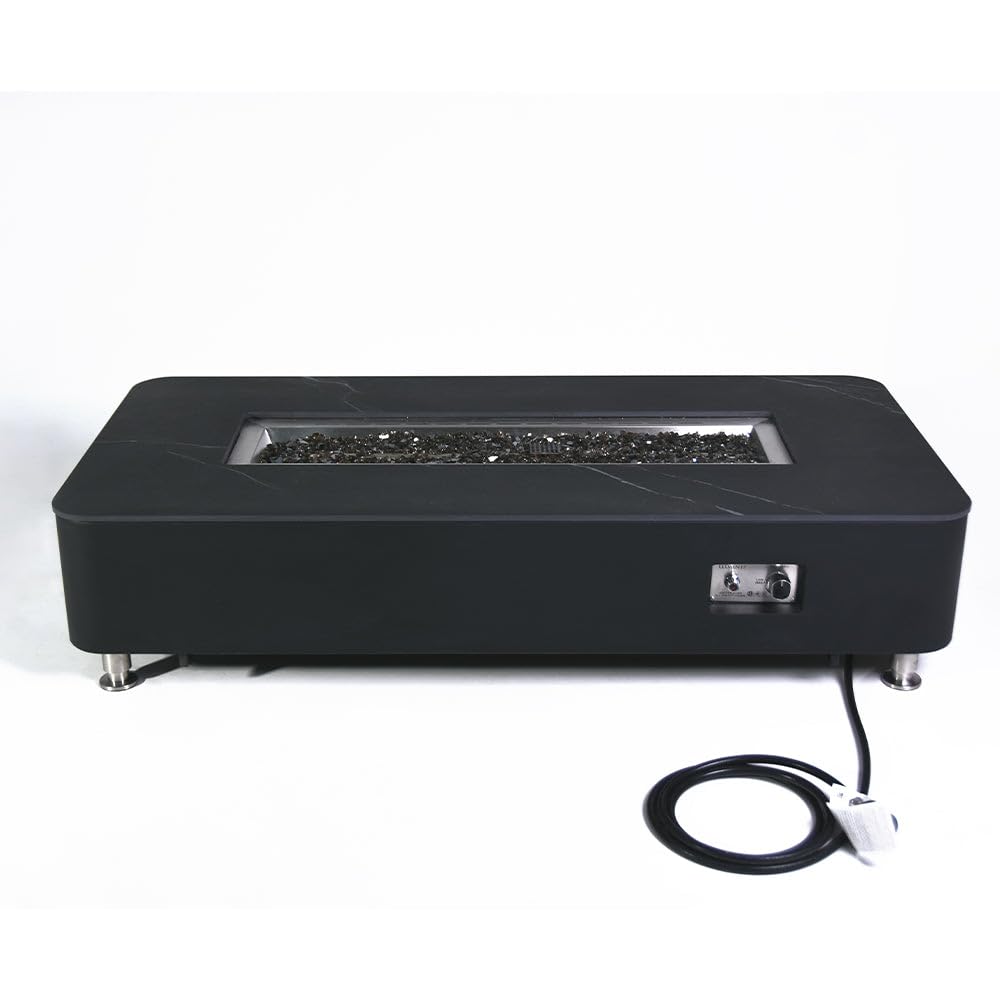 Valencia Concrete Fire Pit 62" x 30" Outdoor Patio Firepit Includes Fire Glass Modern Fire Pits & Outdoor Fireplaces for Garden, Deck, Indoor & Outdoor Heating
