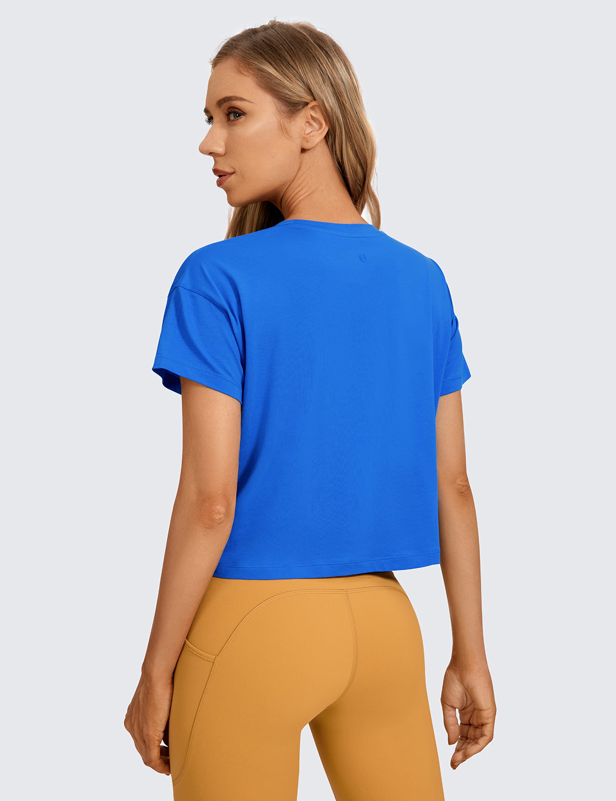 CRZ YOGA Women's Pima Cotton Workout Short Sleeve Shirts Loose Athletic Crop Tops Gym Casual Cropped T-Shirt Strong Blue Medium