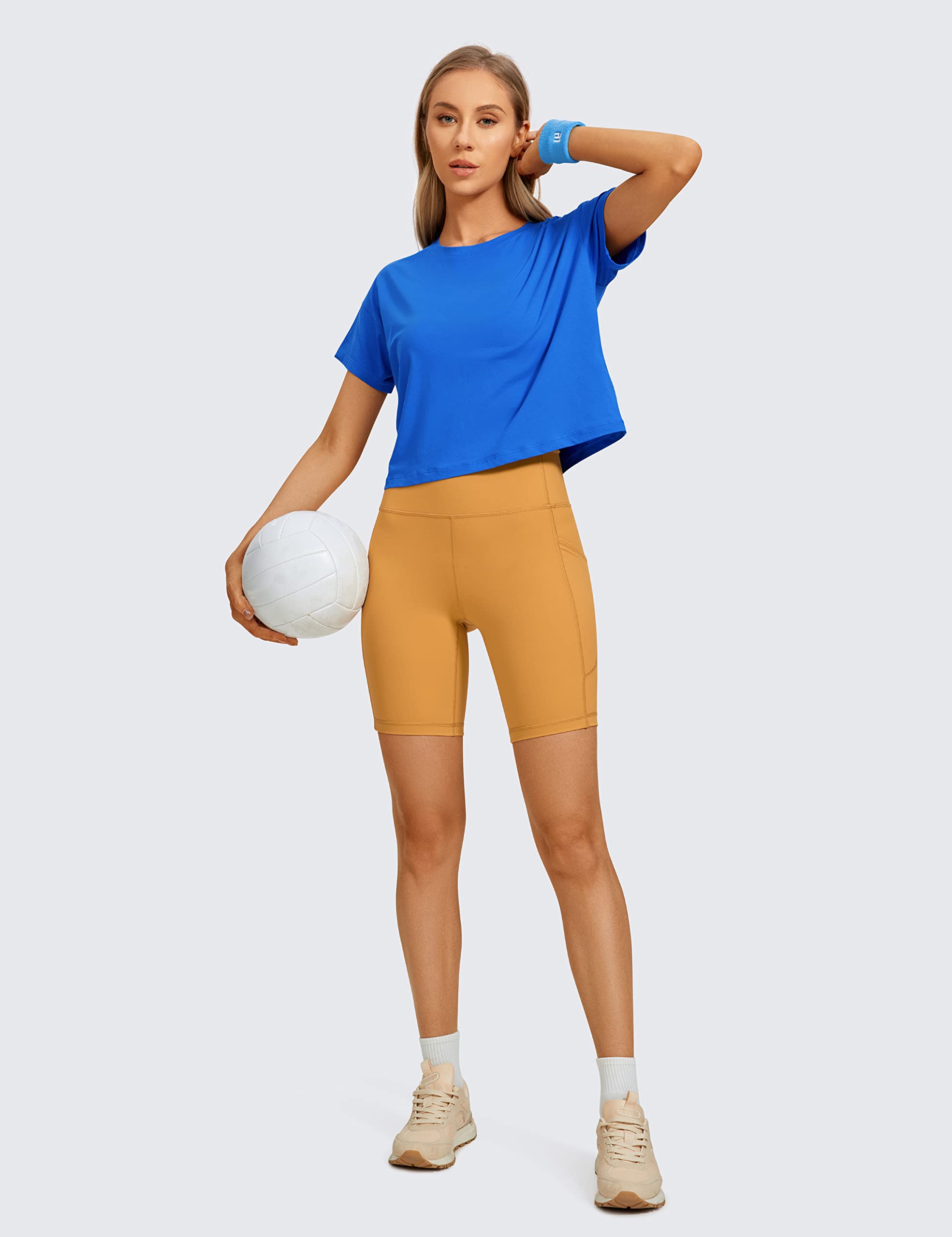 CRZ YOGA Women's Pima Cotton Workout Short Sleeve Shirts Loose Athletic Crop Tops Gym Casual Cropped T-Shirt Strong Blue Medium