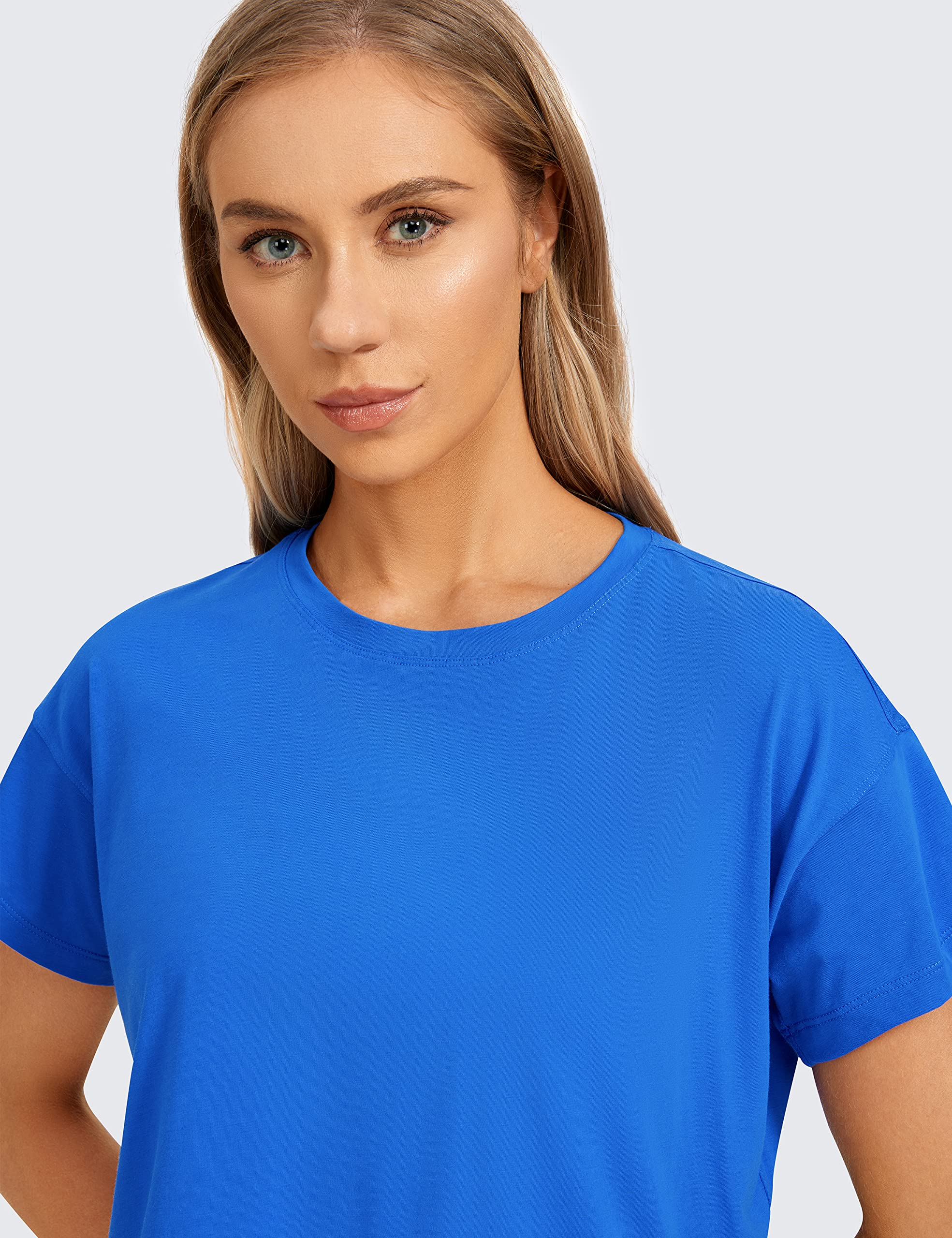 CRZ YOGA Women's Pima Cotton Workout Short Sleeve Shirts Loose Athletic Crop Tops Gym Casual Cropped T-Shirt Strong Blue Medium