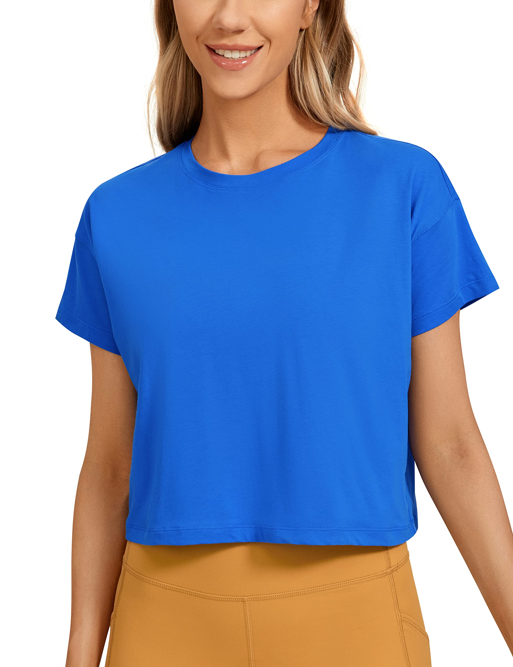 CRZ YOGA Women's Pima Cotton Workout Short Sleeve Shirts Loose Athletic Crop Tops Gym Casual Cropped T-Shirt Strong Blue Medium