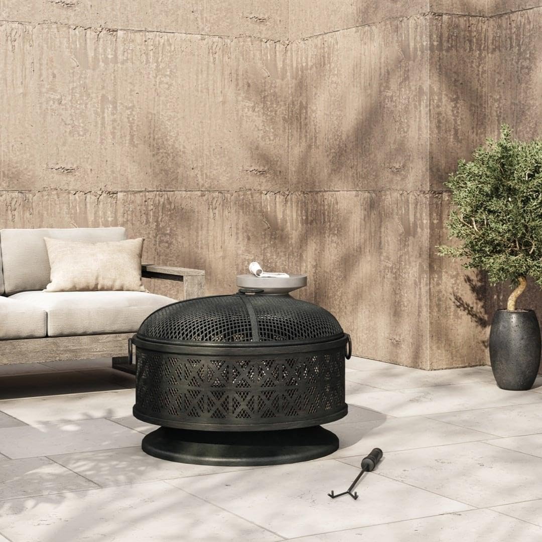 Sunjoy 30 in. Outdoor Fire Pit, Patio Black Round Wood-Burning Steel Firepit Large Fire Pits for Outside with Spark Screen and Fire Poker