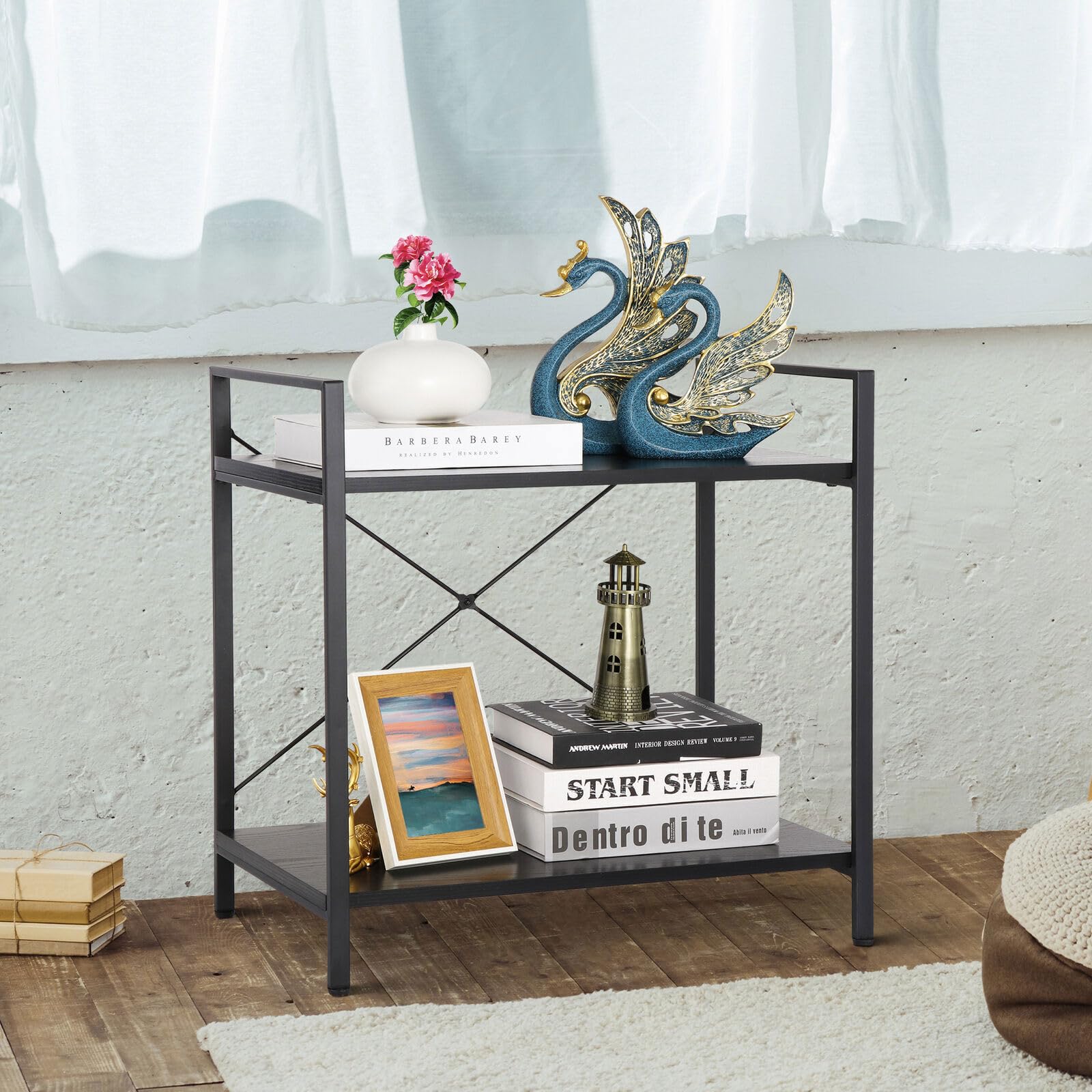 Solid Double Bookcase Short Frame Wood Bookshelf Display Rack Small Place Cozy, Black