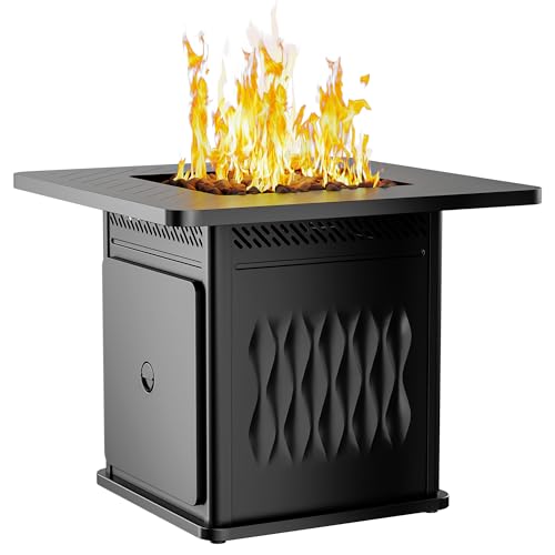 EAST OAK 32'' Propane Fire Pit Table, 50,000 BTU Steel Gas FirePit for Outdoor, Outside Patio Deck and Garden, CSA Certified Fire Table with Magnetic Lid, Cover-Storage Basket and Lava Rock , Black