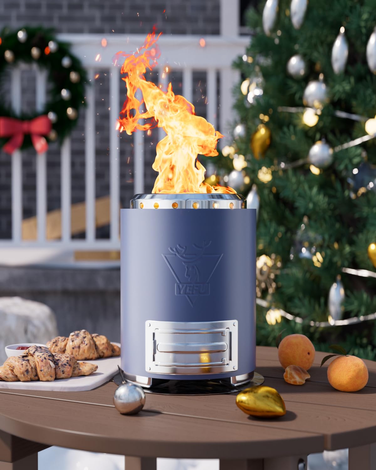 YEFU Tabletop Fire Pit 9.7 x 7.1 in, Flame Intensity Control Camping Stove for Outdoor & Patio, Fueled by Pellets or Wood, Safe Burning Table Top Firepit, with Travel Bag & 2 Mini Sticks, Blue