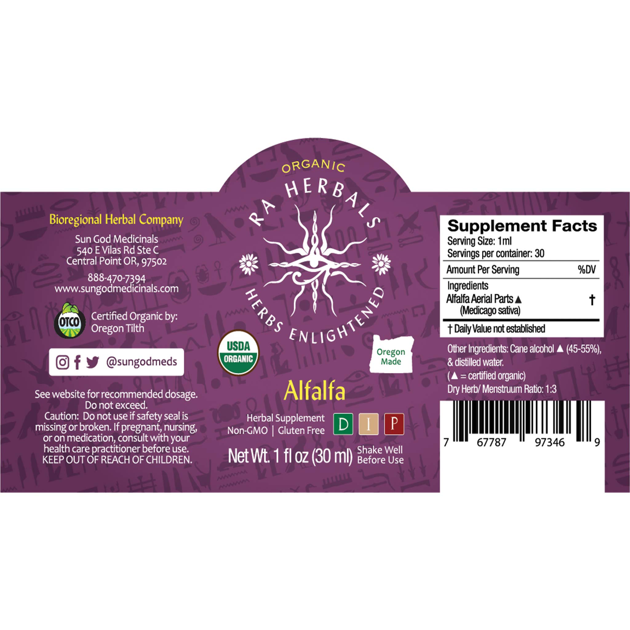 Sun God Medicinals Ra Herbals Organic Alfalfa Liquid Extract - Detox Support - 1 fl oz