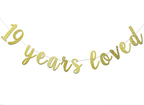 19 Years Loved Banner Sign Gold Glitter for 19th Birthday Party Decorations Anniversary Decor Pre-assembled Bunting Photo Booth Props