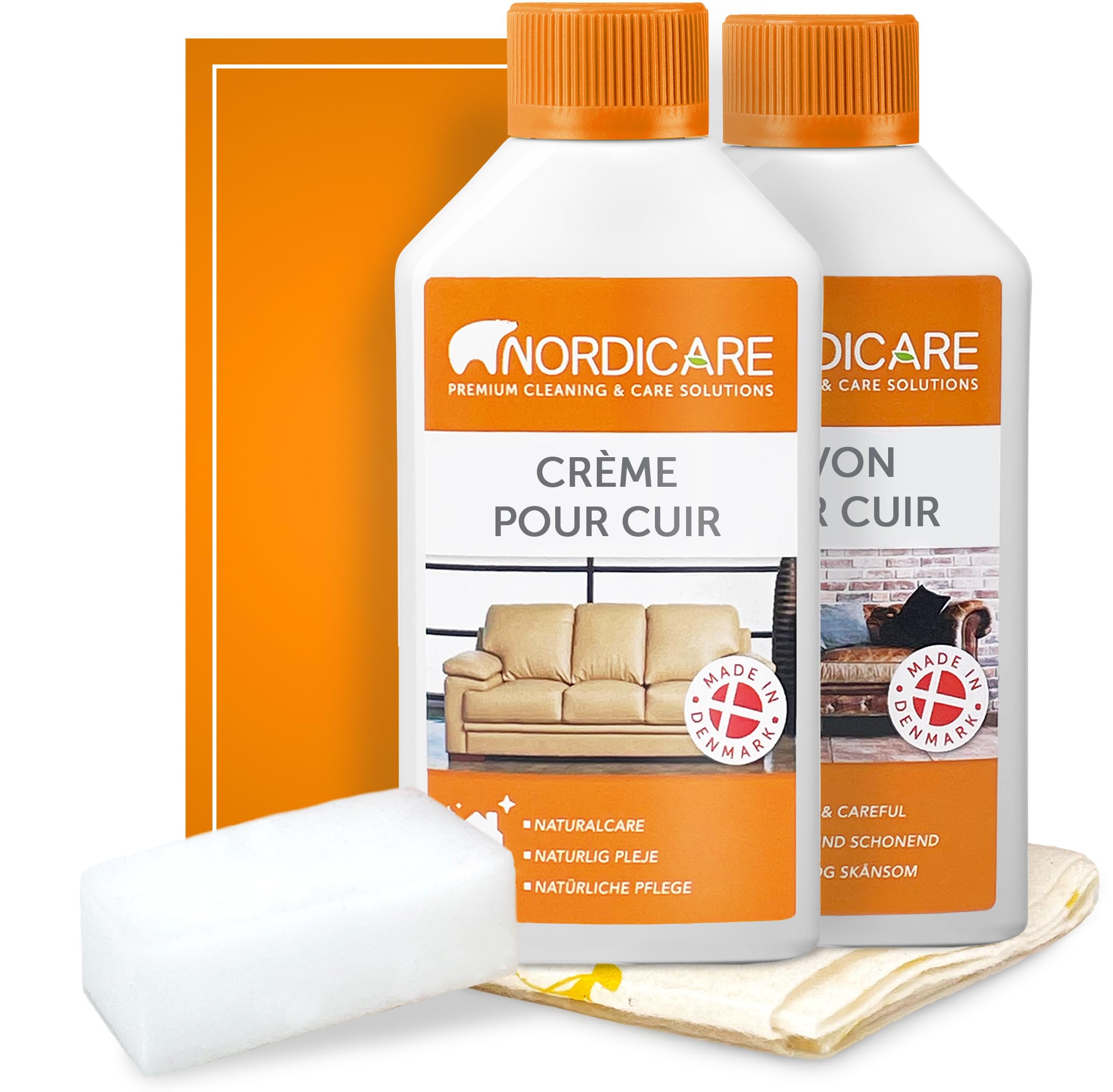 Nordicare Leather Cleaner Care Kit for Sofas, Cars, Furniture - Leather Cleaner for Sofas - Car Leather Cleaner, Leather Cleaner for Car Seats - with UV Protection - Made in Denmark 8.45 oz
