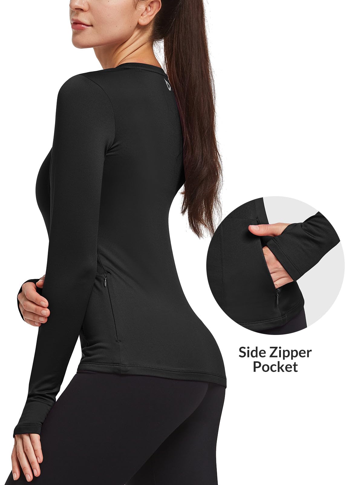 baleaf Women's Thermal Tops Long Sleeve Fleece Lined Running Workout Shirts Athletic Cold Weather Gear Winter Compression Zipper Pocket Black L