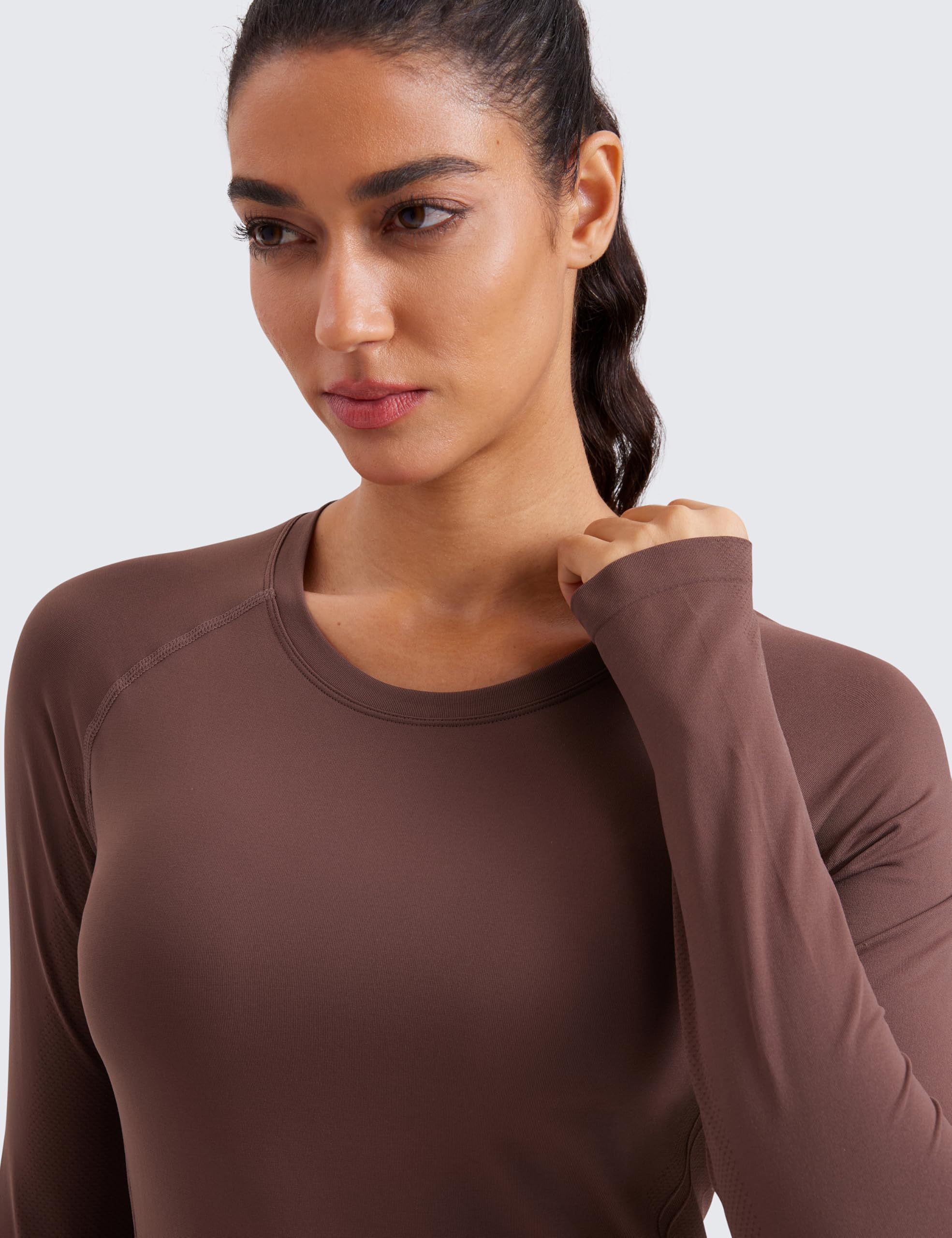 CRZ YOGA Womens Seamless Workout Long Sleeve Shirts Quick Dry Gym Athletic Tops Breathable Running Yoga T-Shirts Taupe Medium