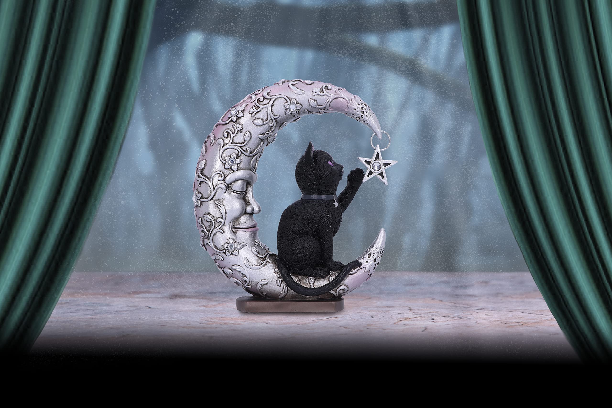 Nemesis Now Enchanting Luna Companion Moon and Cat Figurine, Hand-Painted Resin Ornament for Alternative Occult Decor and Gift for Witches, 18.8cm
