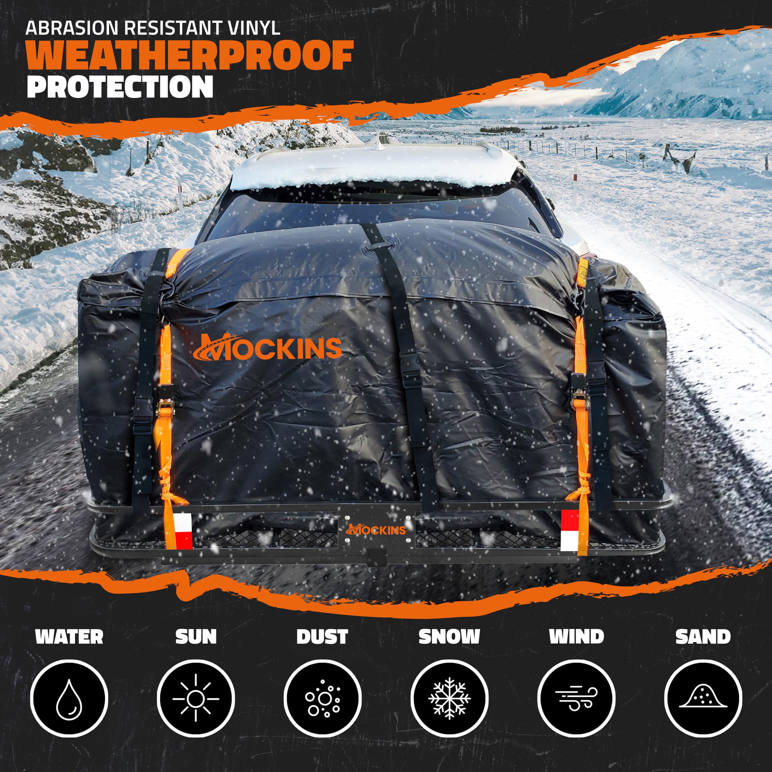 Mockins 60"x24"x6" Folding Trailer Hitch Cargo Carrier w/ 25 CuFt. Cargo Hitch Carrier Bag | 500 Lbs. Cap Weatherproof Steel Luggage Rack for SUV/Car & Vinyl Soft-Shell Car Carrier Cargo Bag