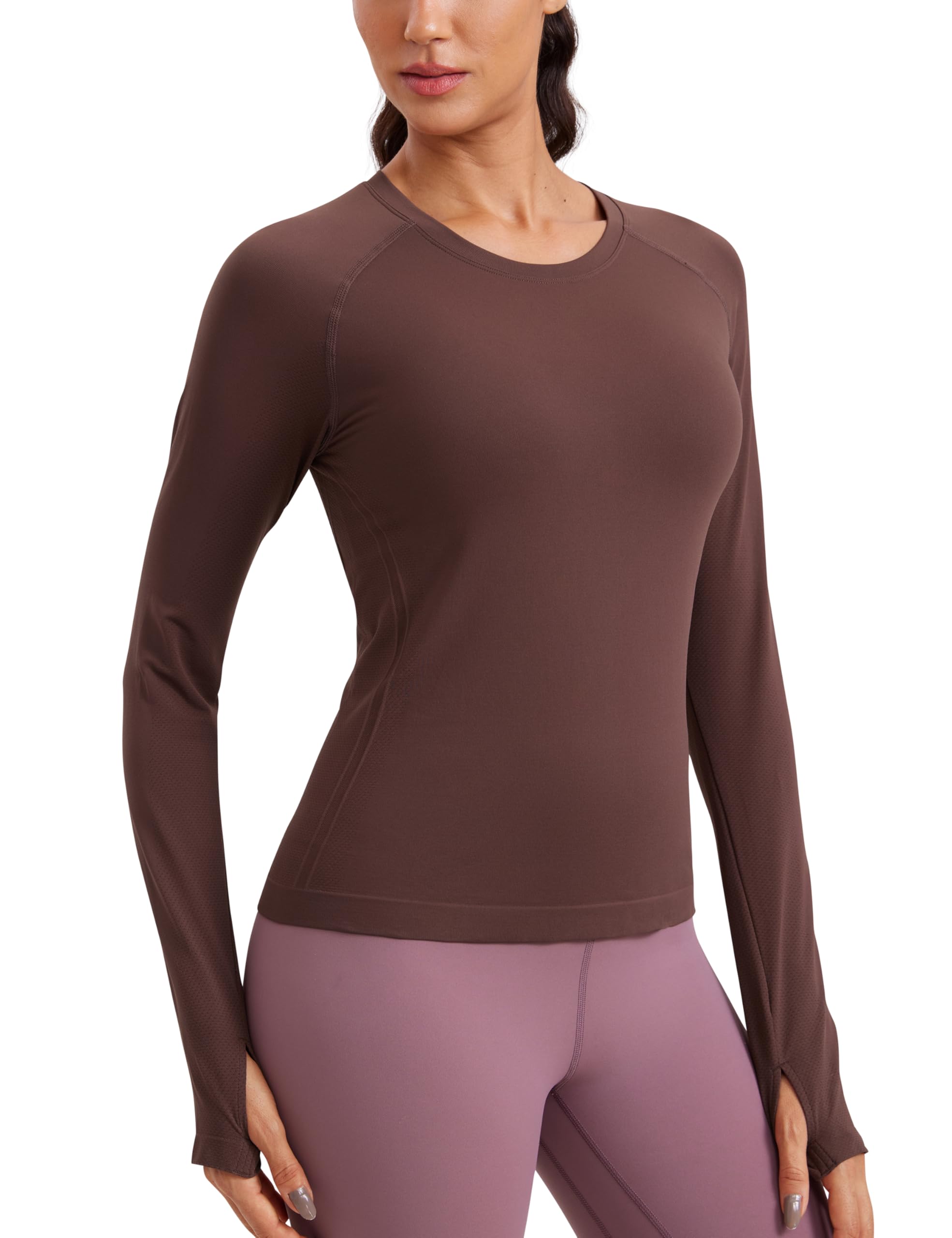CRZ YOGA Womens Seamless Workout Long Sleeve Shirts Quick Dry Gym Athletic Tops Breathable Running Yoga T-Shirts Taupe Medium