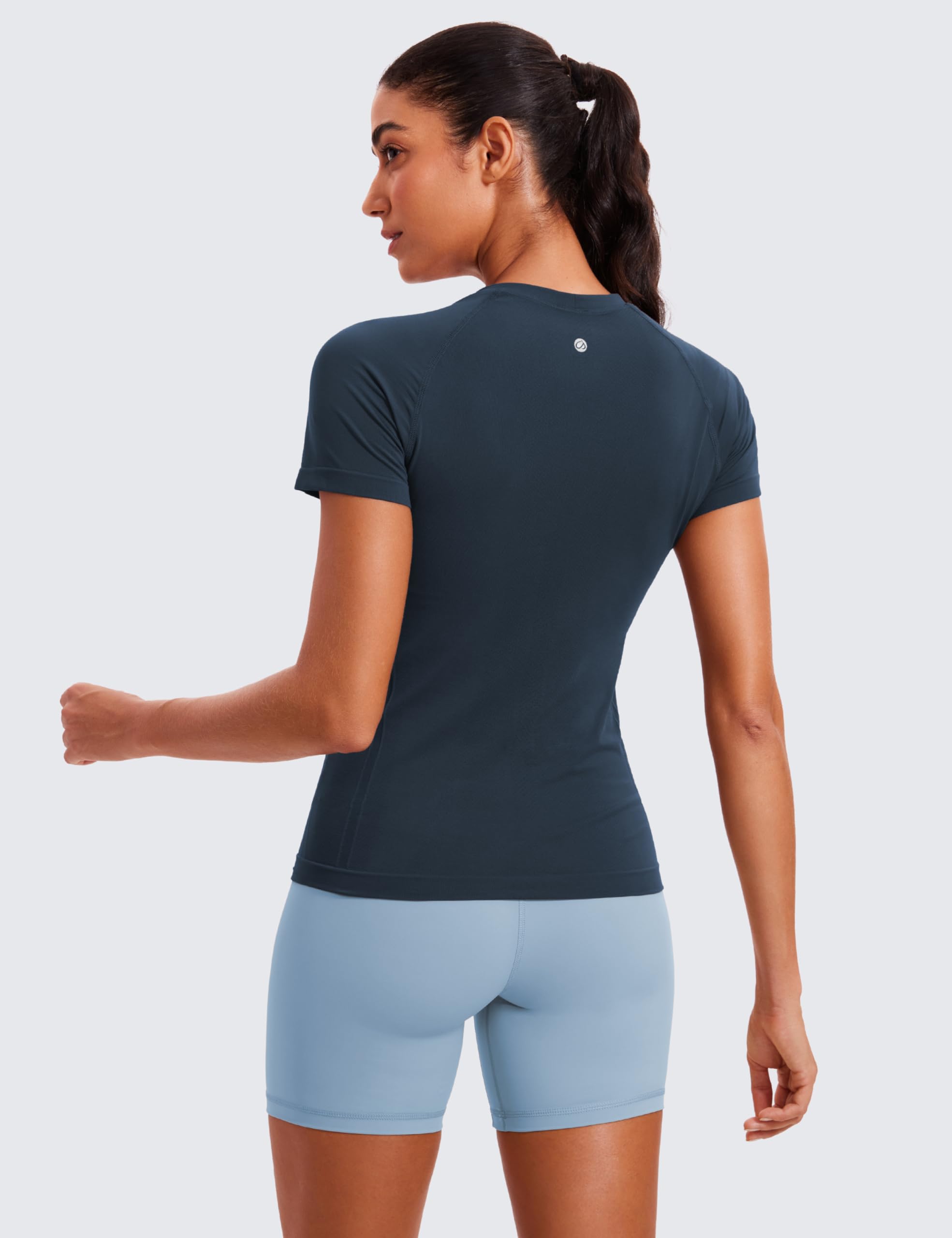 CRZ YOGA Seamless Workout Tops for Women Short Sleeve Athletic Tees Breathable Gym Running Yoga Shirts Twilight Blue Medium