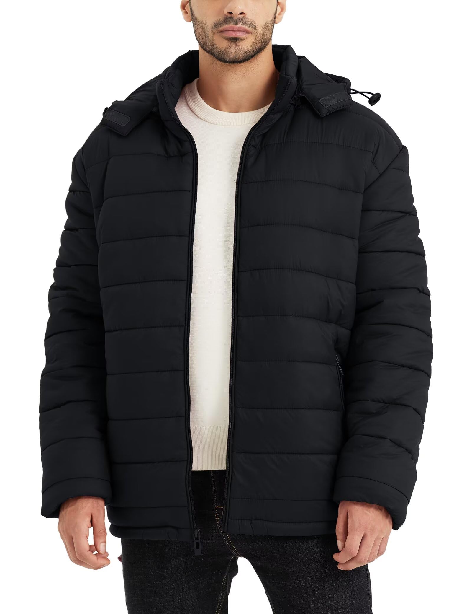 BEST SOUTH Men's Winter Puffer Jacket Hooded Puffy Fleece Warm Lightweight Coat Outerwear Cold Weather Black Ink XX-Large