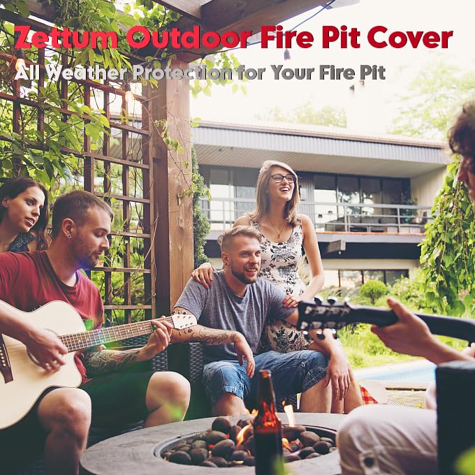 Zettum Fire Pit Cover Round 32 Inch - Outdoor Firepit Cover Heavy Duty & Waterproof, 600D Patio Fire Table Cover Gas Fire Pit Accessories Fade & Weather Resistant - 32 x 32 x 16 Inch
