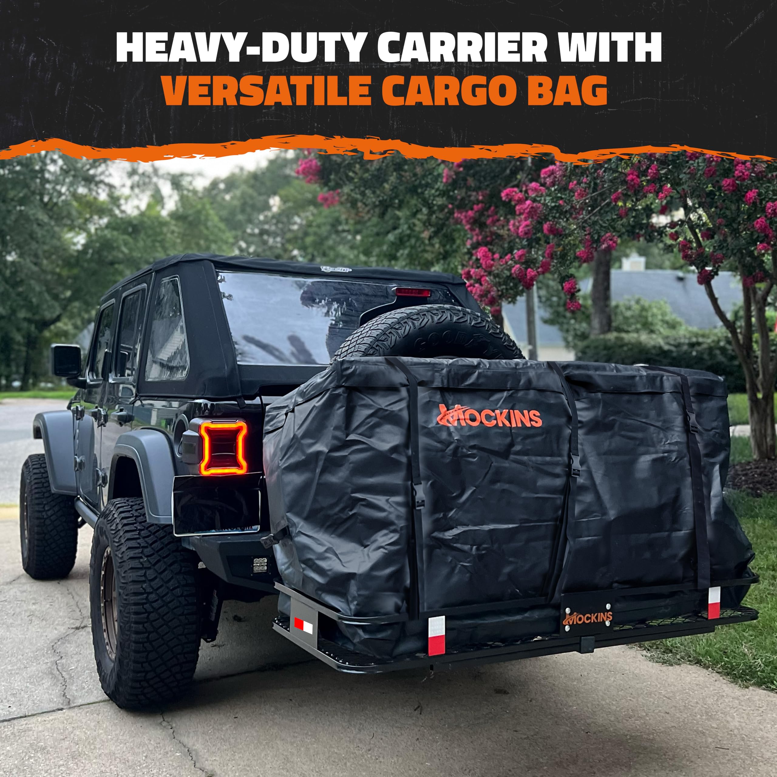 Mockins 60"x24"x6" Folding Trailer Hitch Cargo Carrier w/ 25 CuFt. Cargo Hitch Carrier Bag | 500 Lbs. Cap Weatherproof Steel Luggage Rack for SUV/Car & Vinyl Soft-Shell Car Carrier Cargo Bag