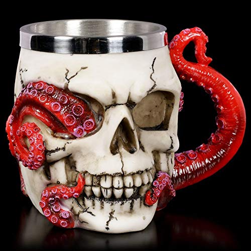 Skull Mug Parasite Octopus Beer Coffee Mugs with Tentacle Handle, Stainless Steel and Resin Tankard Skeleton Cranium Skull Beverage Drinking Cup for Ossuary Macabre Halloween Decorative Accent - 13oz