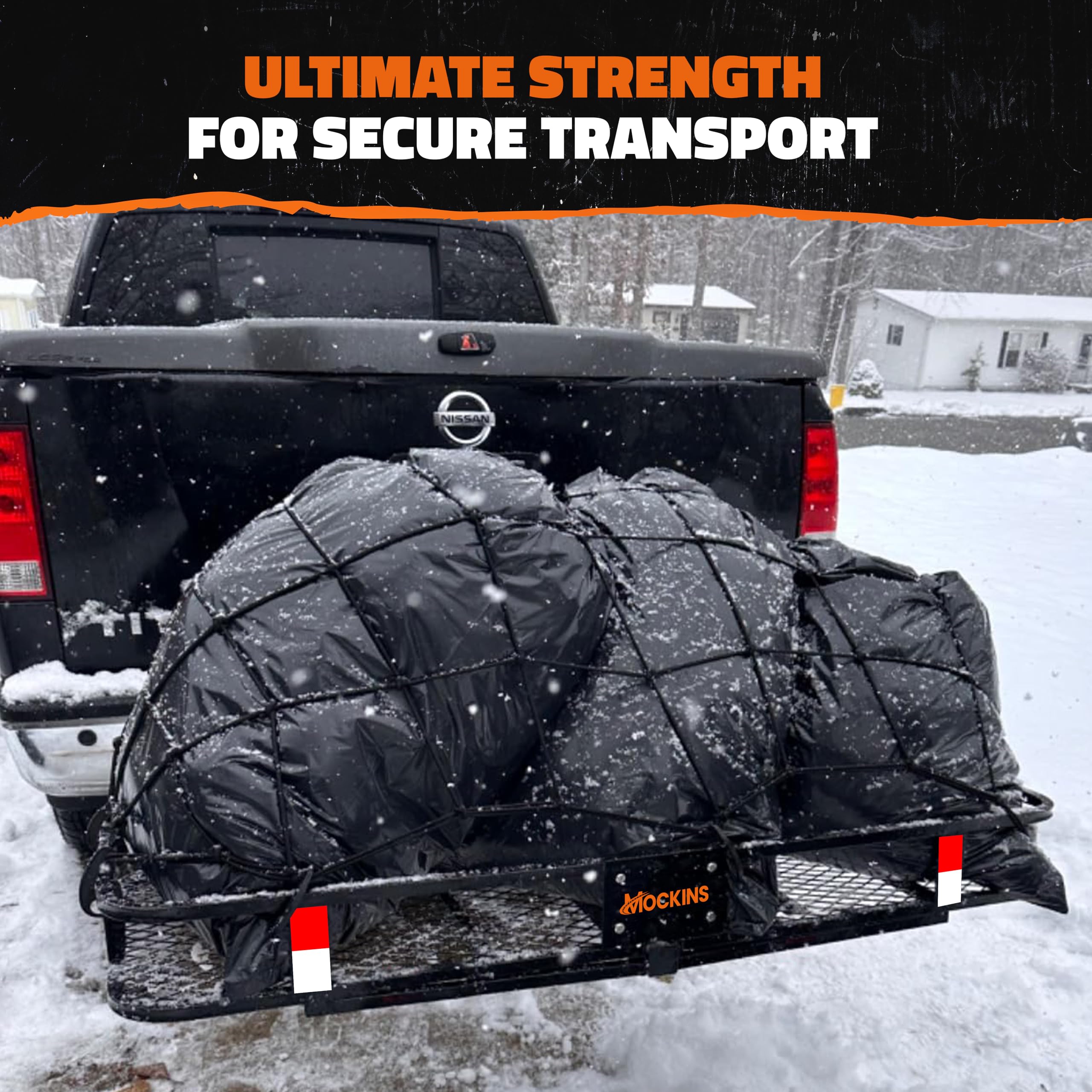 Mockins 60"x24"x6" Folding Trailer Hitch Cargo Carrier w/ 25 CuFt. Cargo Hitch Carrier Bag | 500 Lbs. Cap Weatherproof Steel Luggage Rack for SUV/Car & Vinyl Soft-Shell Car Carrier Cargo Bag