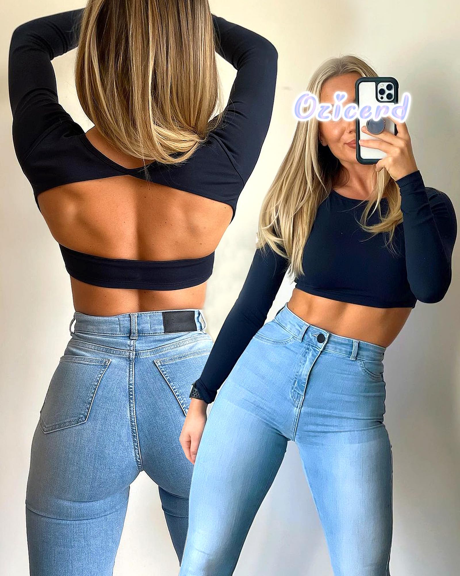 OZICERD Backless Workout Tops for Women Long Sleeve Gym Shirts Open Back Crop Top Cute Going Out Tops Yoga Athletic Tops