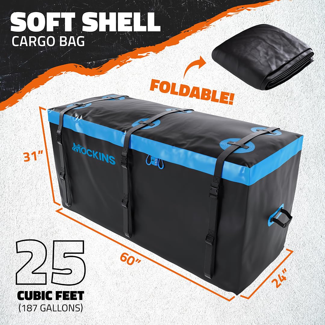 Mockins 25 Cu.Ft. Large Trailer Hitch Cargo Carrier Bag | 60"x24"x31" Soft-Shell Vinyl Cargo Bag for Hitch Carrier | Weatherproof Car Storage Bag | Waterproof Truck Bed Storage Set w/Accessories