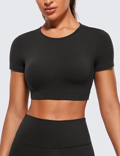 CRZ YOGA Womens Butterluxe Double Lined Open Back Crop Tops Backless Short Sleeve Workout Shirts Casual Tight T-Shirts Black Medium