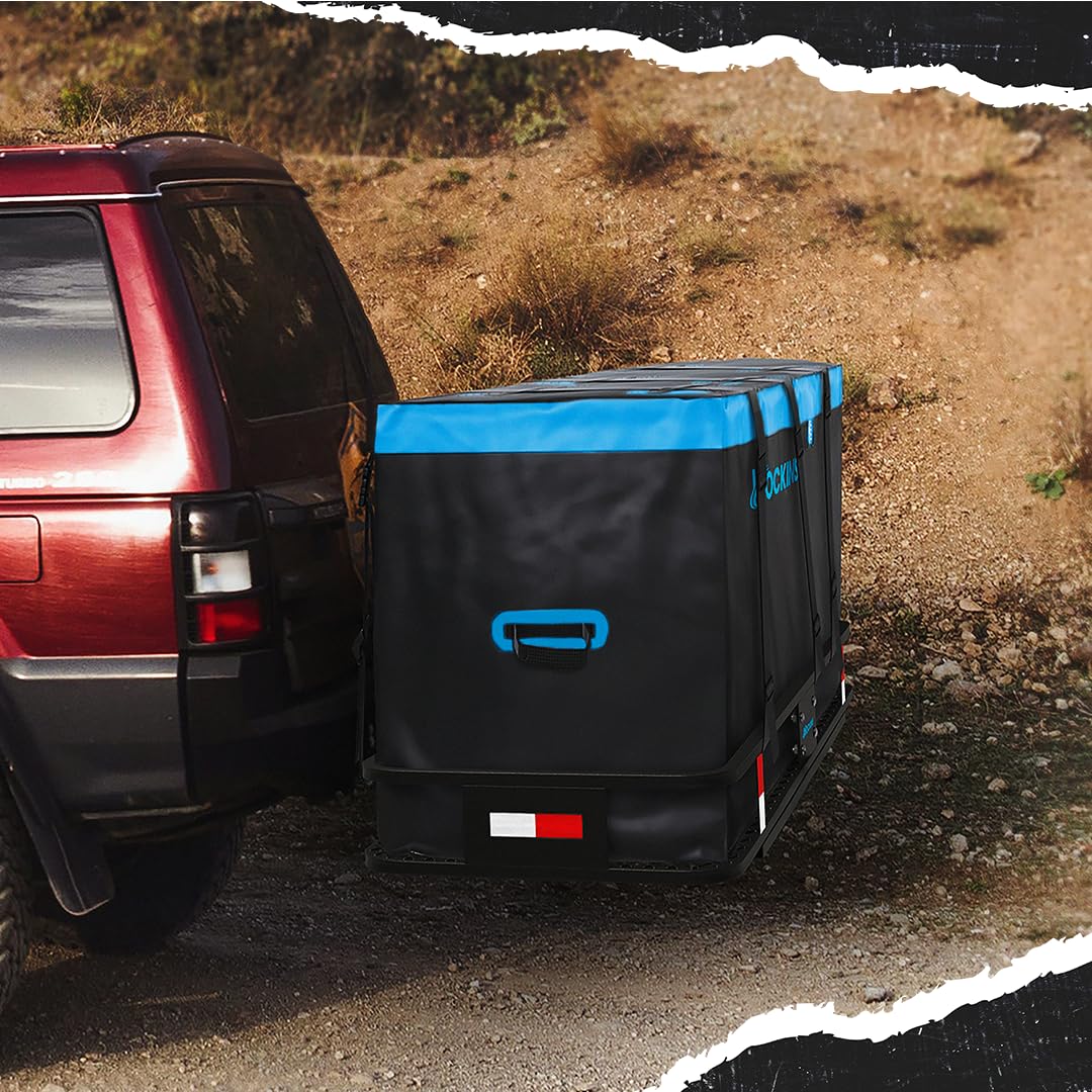 Mockins 25 Cu.Ft. Large Trailer Hitch Cargo Carrier Bag | 60"x24"x31" Soft-Shell Vinyl Cargo Bag for Hitch Carrier | Weatherproof Car Storage Bag | Waterproof Truck Bed Storage Set w/Accessories