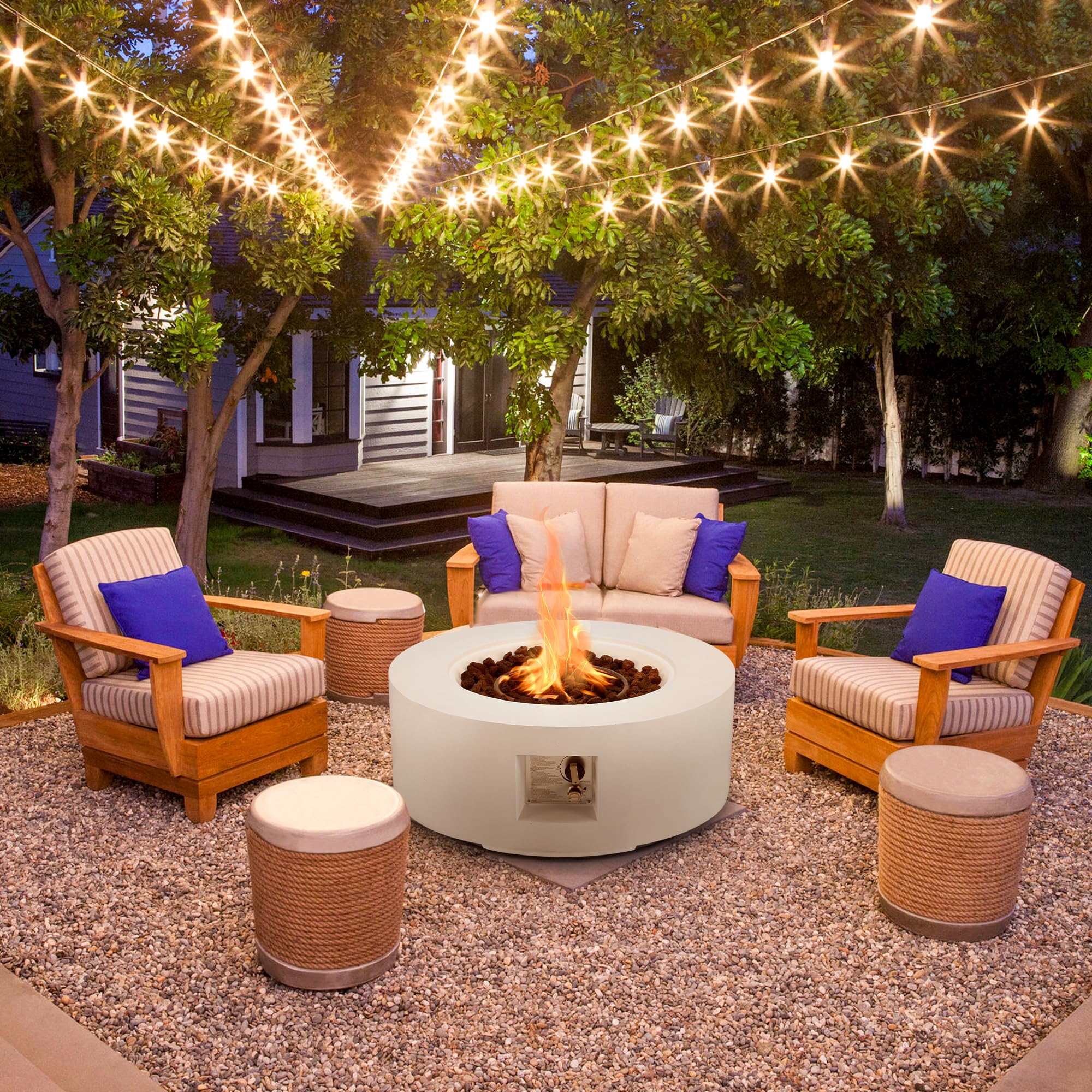 ECOTOUGE Outdoor Propane Firepit Table Set, 30 Inch Auto-Ignition Round Gas Fire Pit, 50,000 BTU Steel Fire Table w/Weather-Resistant Pit Cover, Lava Rocks, No Tank Holder, White