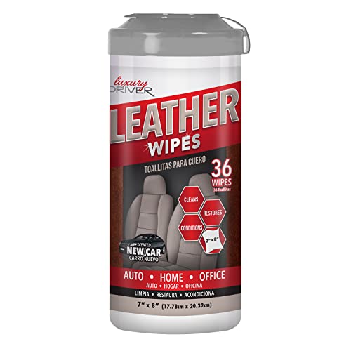 Luxury Driver All-Purpose Leather Wipes for Car Seats Leather Cleaning Wipes, Leather Car Seat Cleaner, Leather Wipes for Couch, Car Interior, Shoes and Purses - New Car Smell (36 Ct Canister)