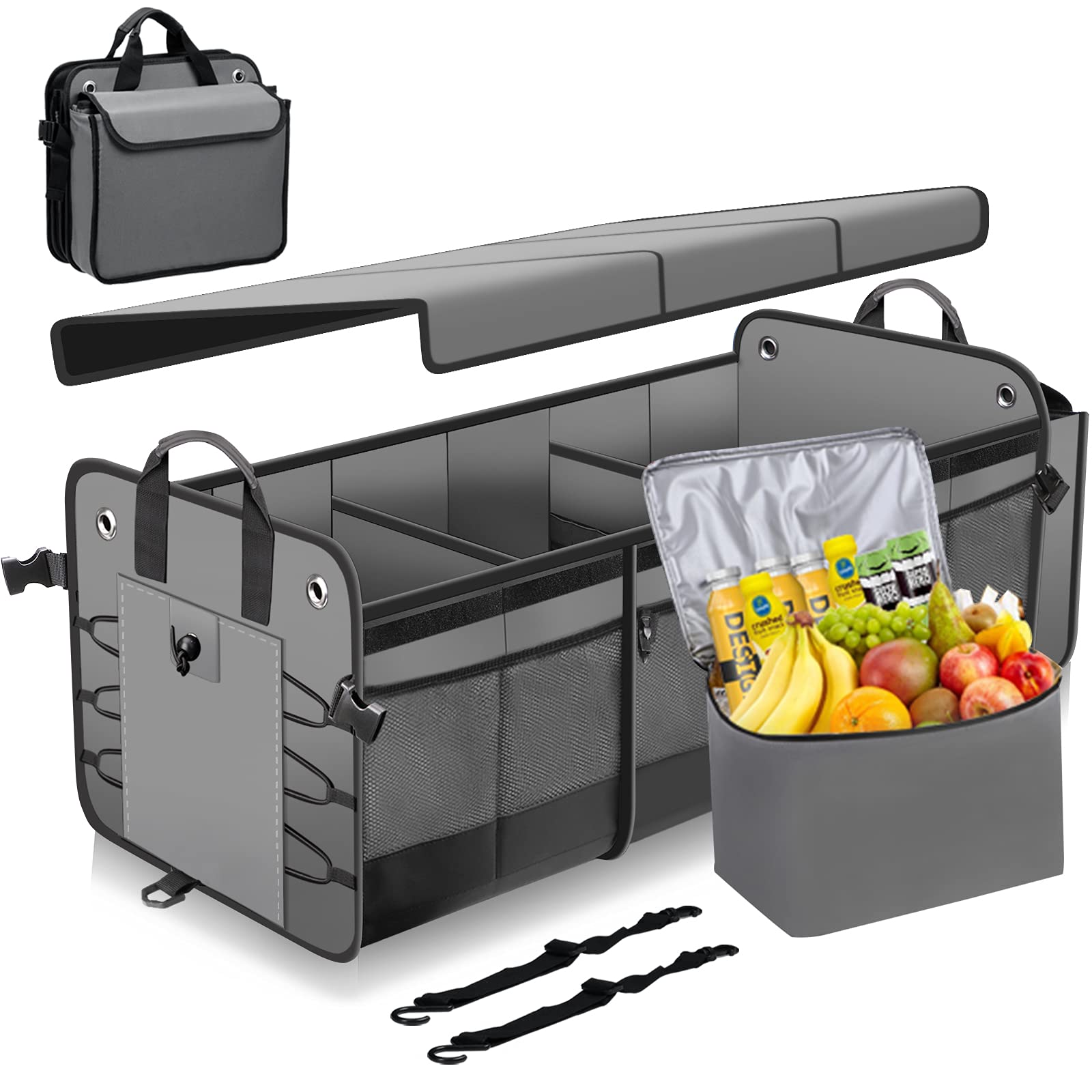 KARCOCA Trunk Organizer for SUV with Insulated Leak proof Cooler Bag, 3 Compartments SUV Cargo Organizer with Foldable Lid, 5 in1 Car Storage Organizer,2 Tie-Down Straps(Gray